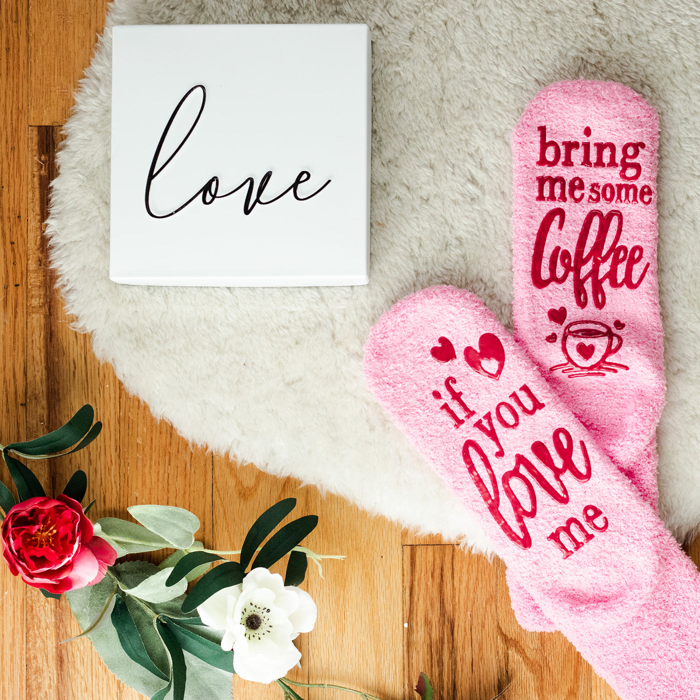 Lavley | Pink Fuzzy 'Bring Me Coffee' Socks | Women's Novelty Socks